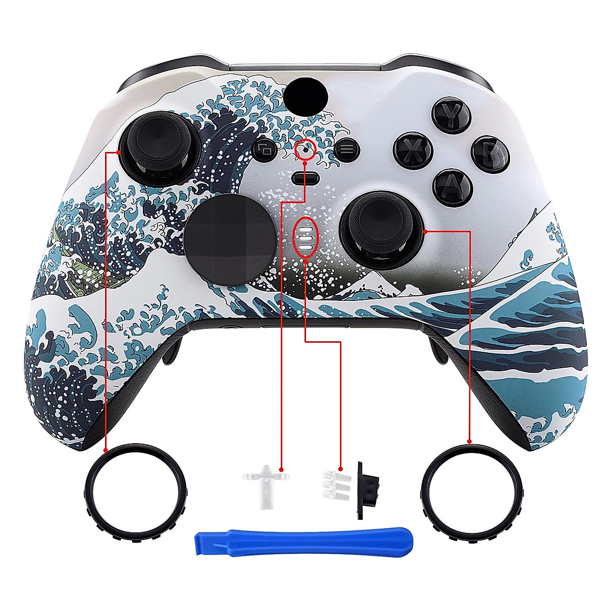 eXtremeRate The Great Wave Patterned Faceplate Cover, Soft Touch Front Housing Shell Case Replacement Kit for Xbox One Elite Series 2, Xbox Elite 2 Core Controller Model 1797 - Accent Rings Included