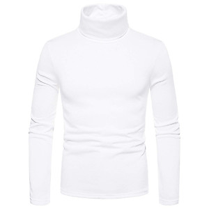 Men's Slim Fit Turtleneck Undershirt Long Sleeve Soft Comfy Stretch T-Shirts Casual Solid Knitted Thermal Pullover Top(E#White,Large)