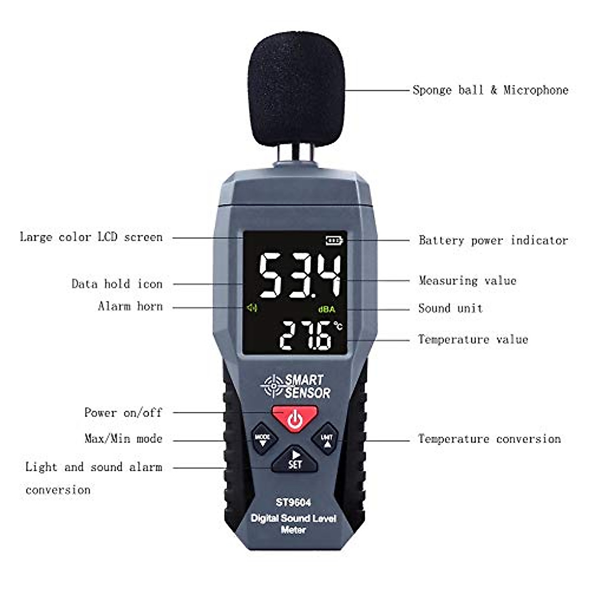 DIMMAIRY Decibel Meter, Digital Sound Level Noise Meter Measurement 30-130dB Backlight MAXMIN, Data Hold Auto Power Off Dual Ranges,Black
