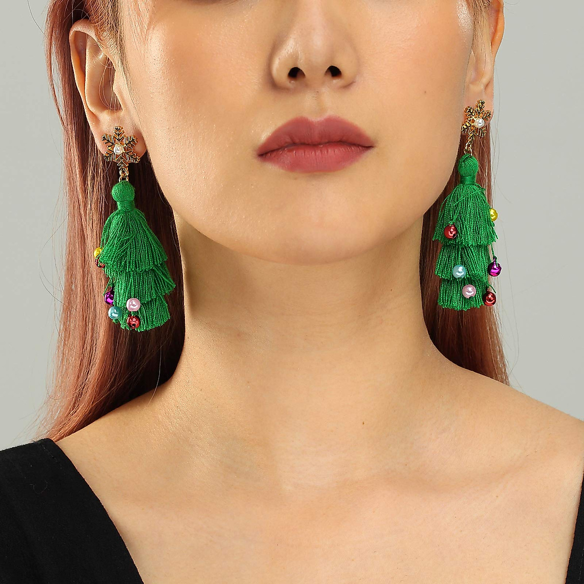 Lightweight Christmas Tree Tassel Beaded Earrings, Bohemian Dangle Drop Green Earrings, Twined with Colored Beads Earring for Women