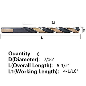 6 PCS,7/16", Black and Gold Twist Drill Bits