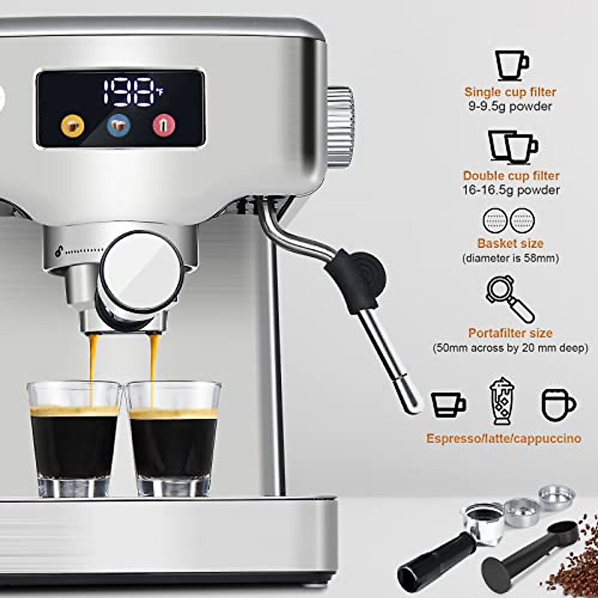 Homtone Espresso Machine 20 Bar, Stainless Steel Espresso Machine with Milk Frother for Cappuccino, Latte, Touch Screen Espresso Coffee Maker for Home (Modern)
