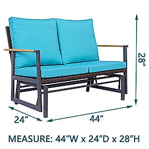 HARBOURSIDE Patio 2 Person Glider Bench with Turquoise Cushion, Ourdoor Rocking Loveseat Couch Rattan & Steel Frame Outside Furniture for Garden Porch Yard