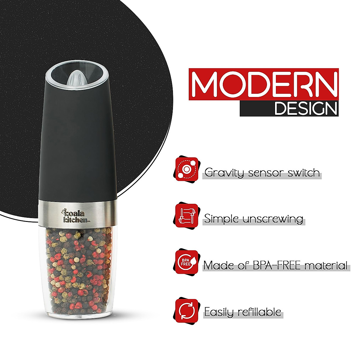 The Koala Kitchen Co. Gravity Electric Salt and Pepper Grinder Set - Stainless Steel Salt and Pepper Shakers Adjustable Coarseness - Blue Light Battery Operated Salt and Pepper Mills, 2 Pack (Black)