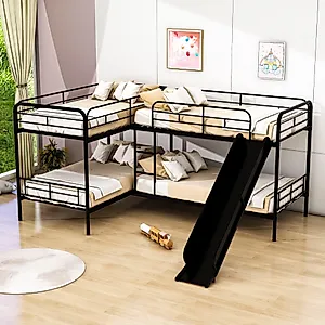Twin Size L-Shaped Bunk Bed with Slide for 4, Metal Twin Bunk Bed Frame with Ladder, Bedroom Living Room