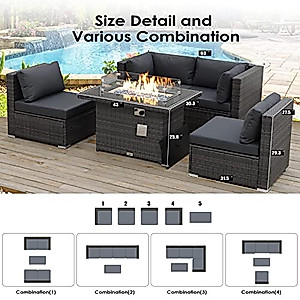RADIATA 5 Piecess PE Wicker Patio Furniture Set Sectional High Back Large Size Sofa Sets with Propane Fire Pit Table 55000 BTU Balcony Backyard Rattan Conversation Sets for Outdoor（Dark Gray）