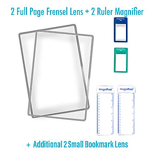 MagniPros(2PACK) Large Full Page 3X Premium Magnifying Sheet Fresnel Lens 7.5" X 10.5"+2 Bonus Ruler Magnifiers+2 Bookmark Lenses-Best Magnifying Set for Reading Small Prints & Low Vision Seniors