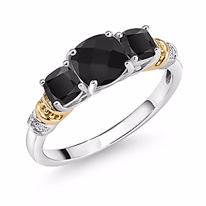 Gem Stone King 925 Silver and 10K Yellow Gold Black Onyx and Diamond 3-Stone Ring For Women (1.51 Cttw, Gemstone December Birthstone, Cushion Checkerboard 6MM and 4MM, Size 8)