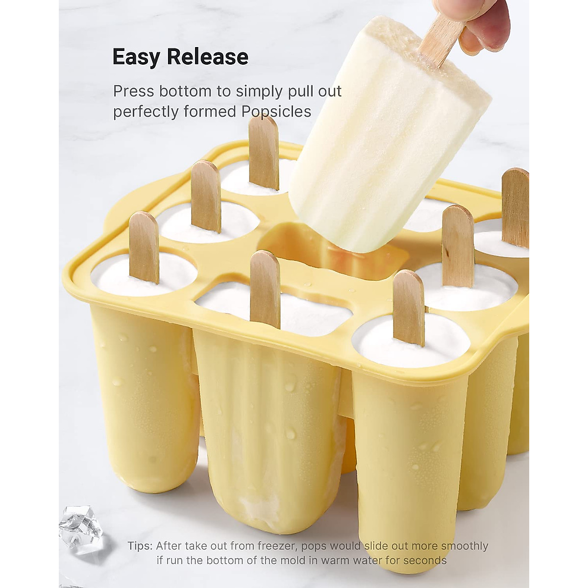 Popsicle Molds for Kids, 9 Pieces Popsicles Molds Silicone BPA- Free Popsicle Maker Ice Pop Mold Ice Pops Maker DIY Handmade Popsicles Molds for Kids Adults with Popsicle Sticks+Popsicle Bags, Yellow