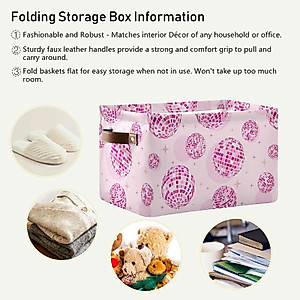 Disco Balls Pink Large Storage Basket Cube Storage Bin Canvas Fabric Organizer Handles Collapsible Decorative for Clothes Toys Bedroom