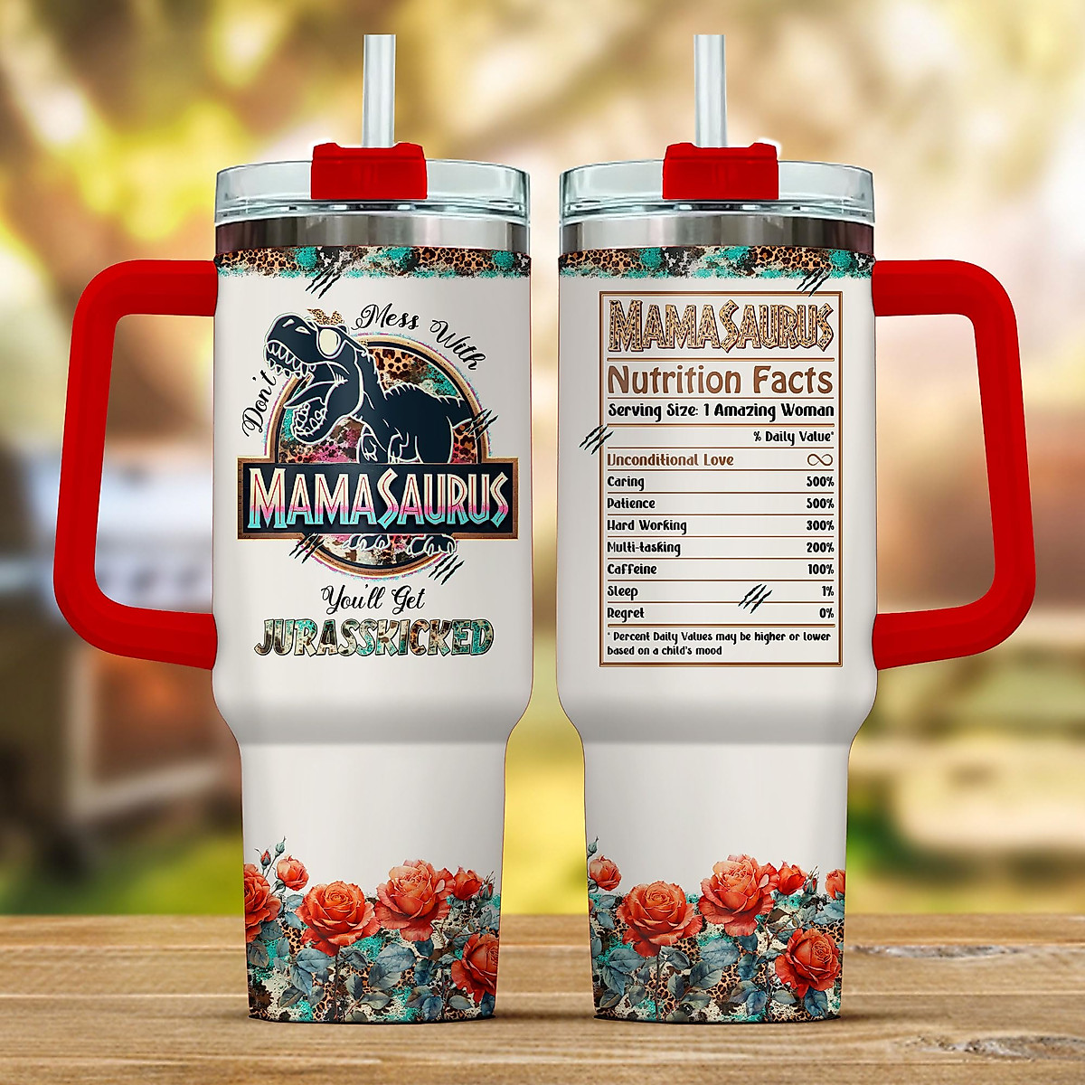 VAATOO Black Mom, Mamasaurus Gifts, Tumbler 40 Oz With Handle Lid And Straw, Mamasaurus Leopard Nutrition Facts, Mom Nutrition Facts Insulated Cup Leopard Leak Resistant Water Bottle