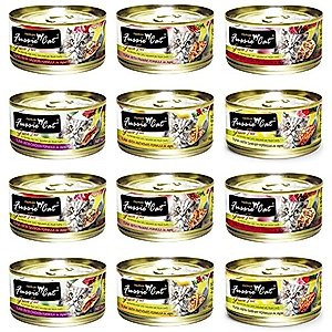 Fussie Cat Premium Grain-Free Canned Wet Food Variety Bundle - 2.8 Oz. - Tuna with Chicken, Tuna with Shrimp, Tuna with Oceanfish, Tuna with Salmon, Tuna with Mussels, and Tuna with Prawns (12 Pack)