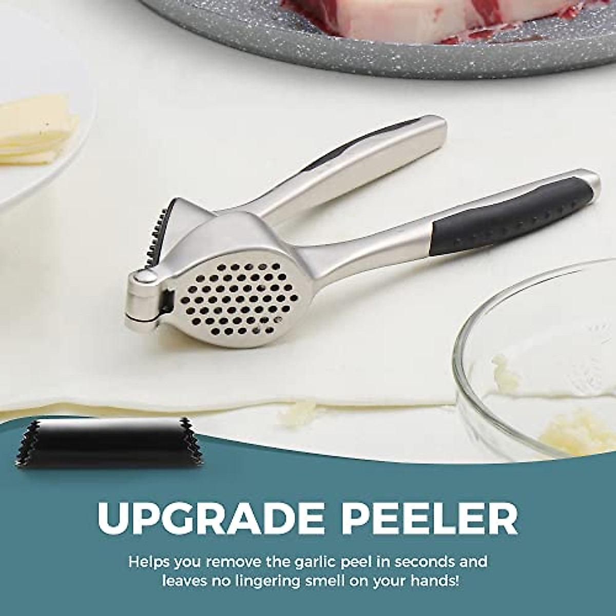 KITEXPERT Garlic Press, Premium Garlic Mincer with Ergonomic Grip Handle, Professional Garlic Presser Crusher and Peeler Set, Sturdy Ginger Press for Nuts & Seeds, Easy to Clean and Dishwasher Safe