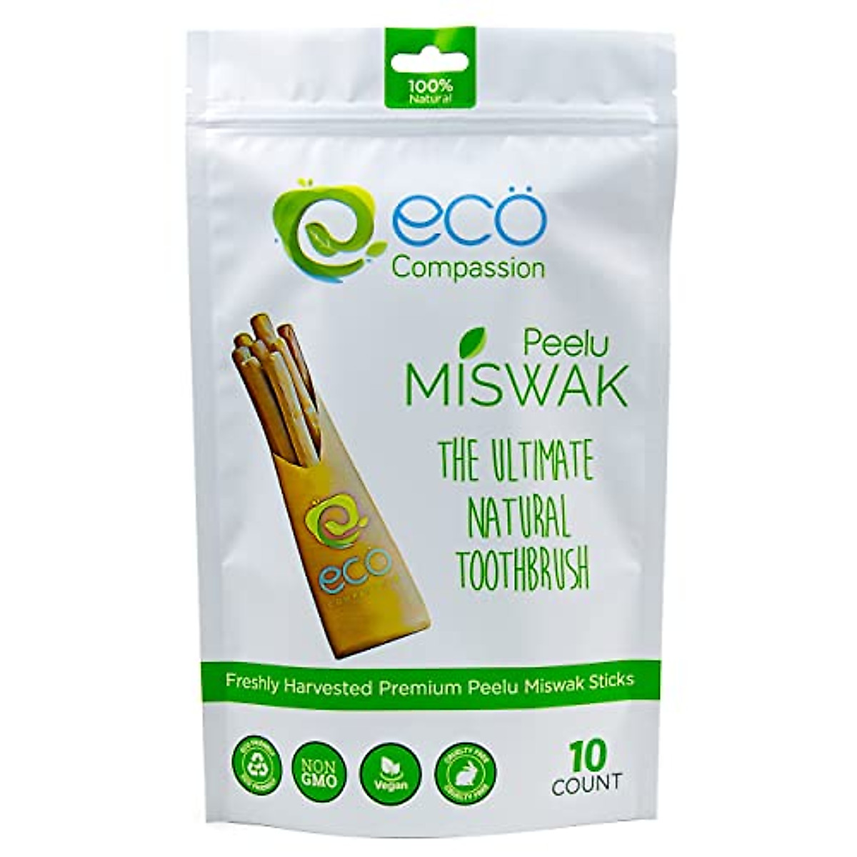 10 Peelu Miswak Sticks for Teeth by Eco Compassion, 100% Natural Toothbrush | Eco Friendly Sewak Chewing Stick | Best Natural Teeth Whitening Pen | Whiter, Fresher Breath | A Healthy Manual Toothbrush