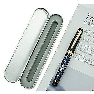 Hongdian Fountain Pen Fine Nib Blue Barrel, Cloisonne Painting (Bird, Butterfly and Flower) with Metal Box