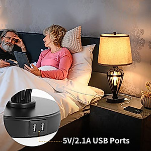 TRLIFE Table Lamps, Set of 2 Fully Dimmable Table Lamps with 2 USB Ports Nightstand Lamps with Fabric Lampshade for Living Room Bedroom(4 Dimmable Bulbs Included)