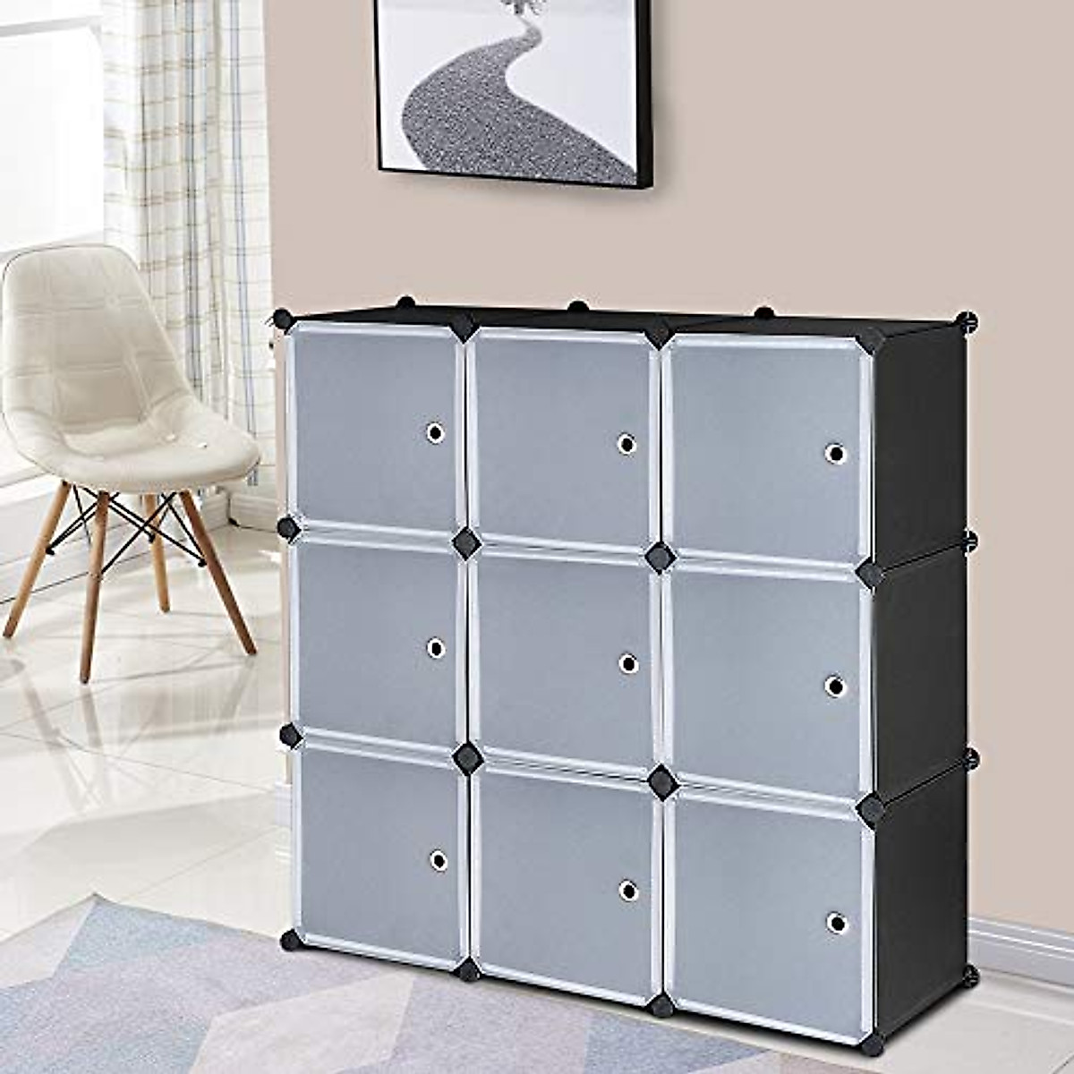 VINGLI Cube Storage, 9 Cubes Organizer Shelves Plastic Closet Cabinet, DIY Modular Storage Cube Organizer w/White Doors for Bedroom Living Room Office, Black