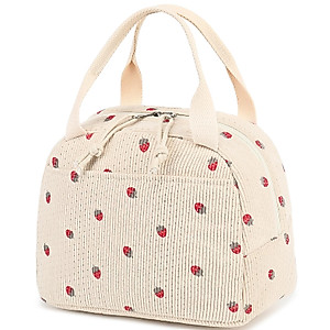 Bluboon Lunch Bag for Women Men Cute Corduroy Lunch Tote Bags Reusable Insulated Lunch Box Large Capacity Reusable Insulated Cooler for Work Picnic or Travel (Corduroy strawberry)