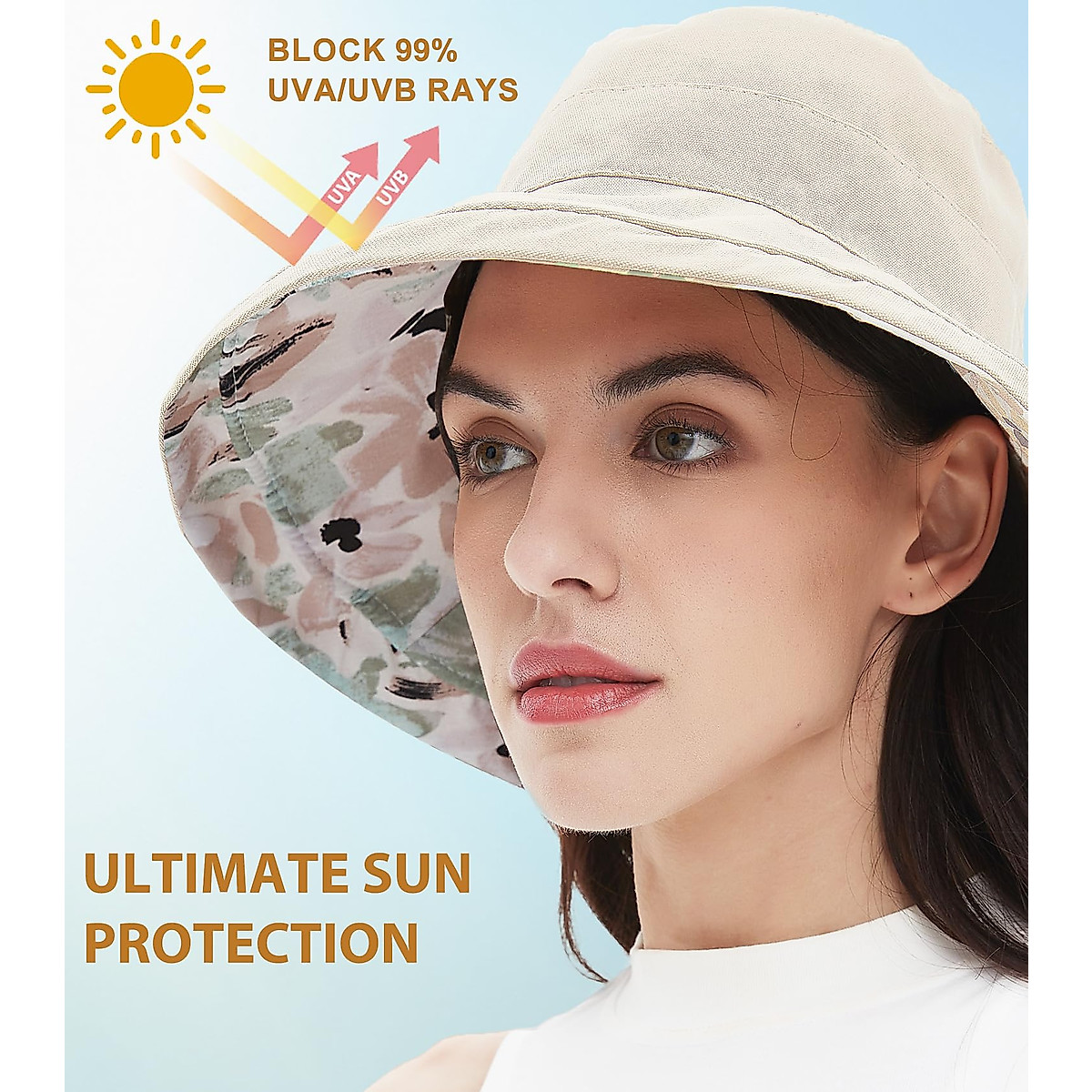 100% Cotton Women Sun Hats Wide Brim Gardening Bucket Hat Travel Sun Protection Packable Womens Beach Hat -Fold-UP Brim