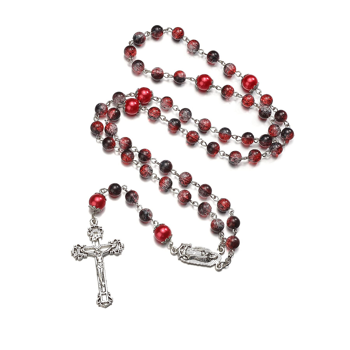 SALOMOCA Rosary 8mm Crystal Glass Beads Catholic Guadalupe Medal Red Beads Rosary Necklaces Perfect for Women Jewelry Christian Gifts in Customized Velvet Bag