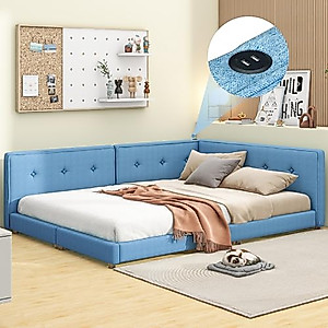 EOVTK Full Size Upholstered Platform Bed Daybed with USB Ports, Linen Fabric Floor Bed Sofa Bed with Wooden Slat Support, Blue