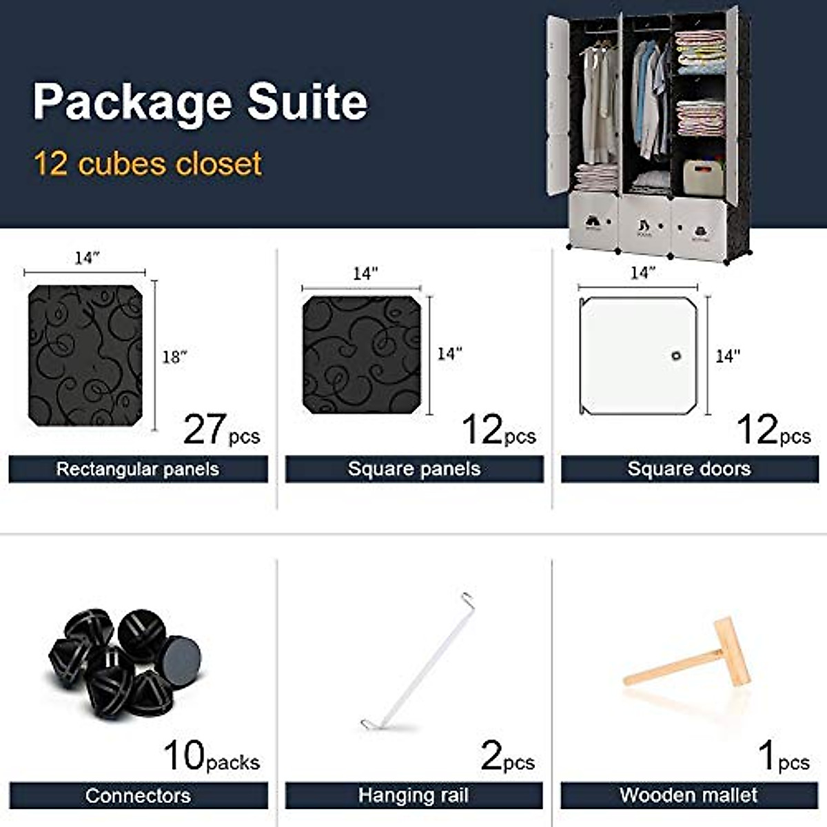 KOUSI Portable Wardrobe Closets 14"x18" Depth Cube Storage, Bedroom Armoire, Storage Organizer with Doors, 12 Cubes, Black