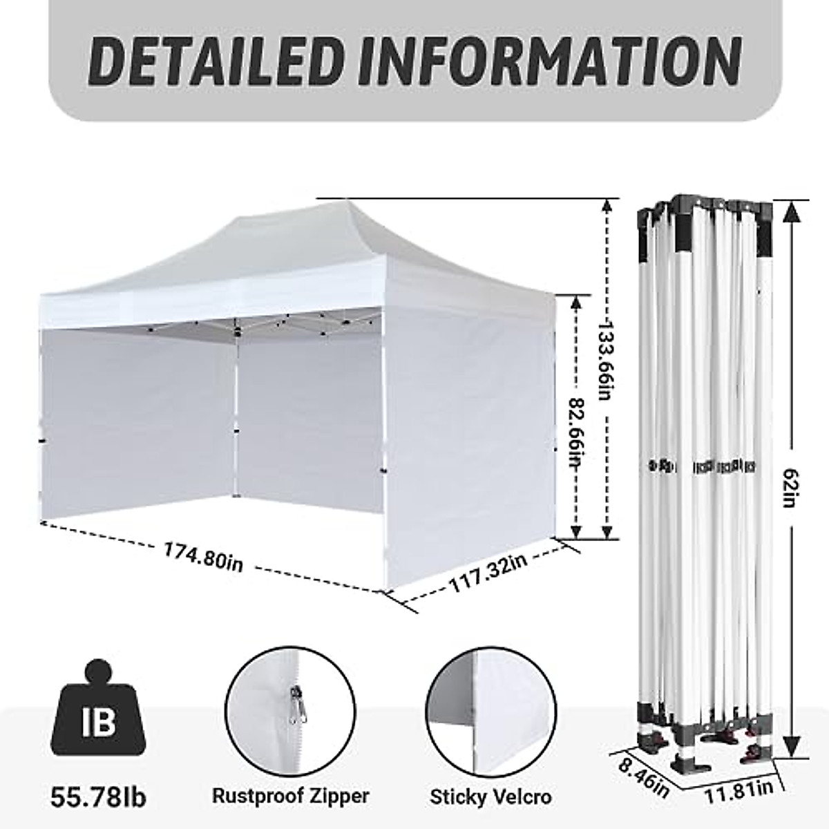 ShiningShow Commercial Canopy Tent Pop Up with 3 Sidewalls, 1 Roller Bag, 4 Ropes & 8 Stakes for Supplier Showcases, Trade Shows, Art Fairs(10x15,White)
