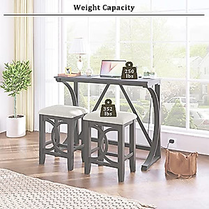 P PURLOVE 3-Piece Bar Table Set, Dining Table Set,Breakfast Bar Table for 2,Counter Height Dining Table Set with USB Port and Upholstered Stools for Kicthen Room,Dining Room