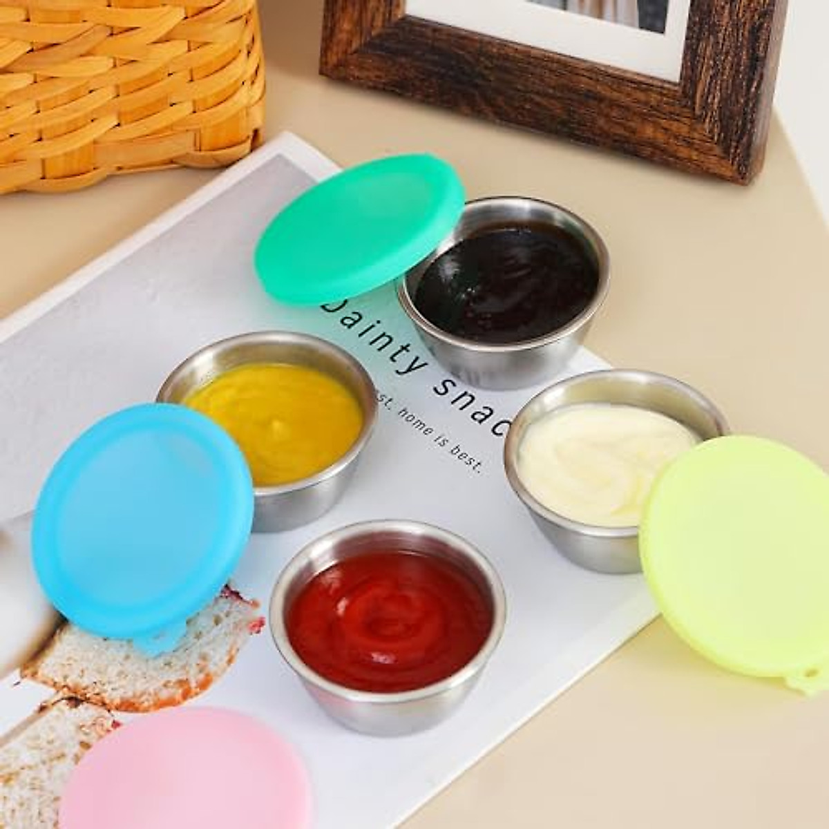 Moretoes 9pcs Salad Dressing Container To Go, Sauce Cups, 1.6oz Mini Condiment Containers with Lids for Bento Boxes and On-the-Go Meals（Rainbow - Colored