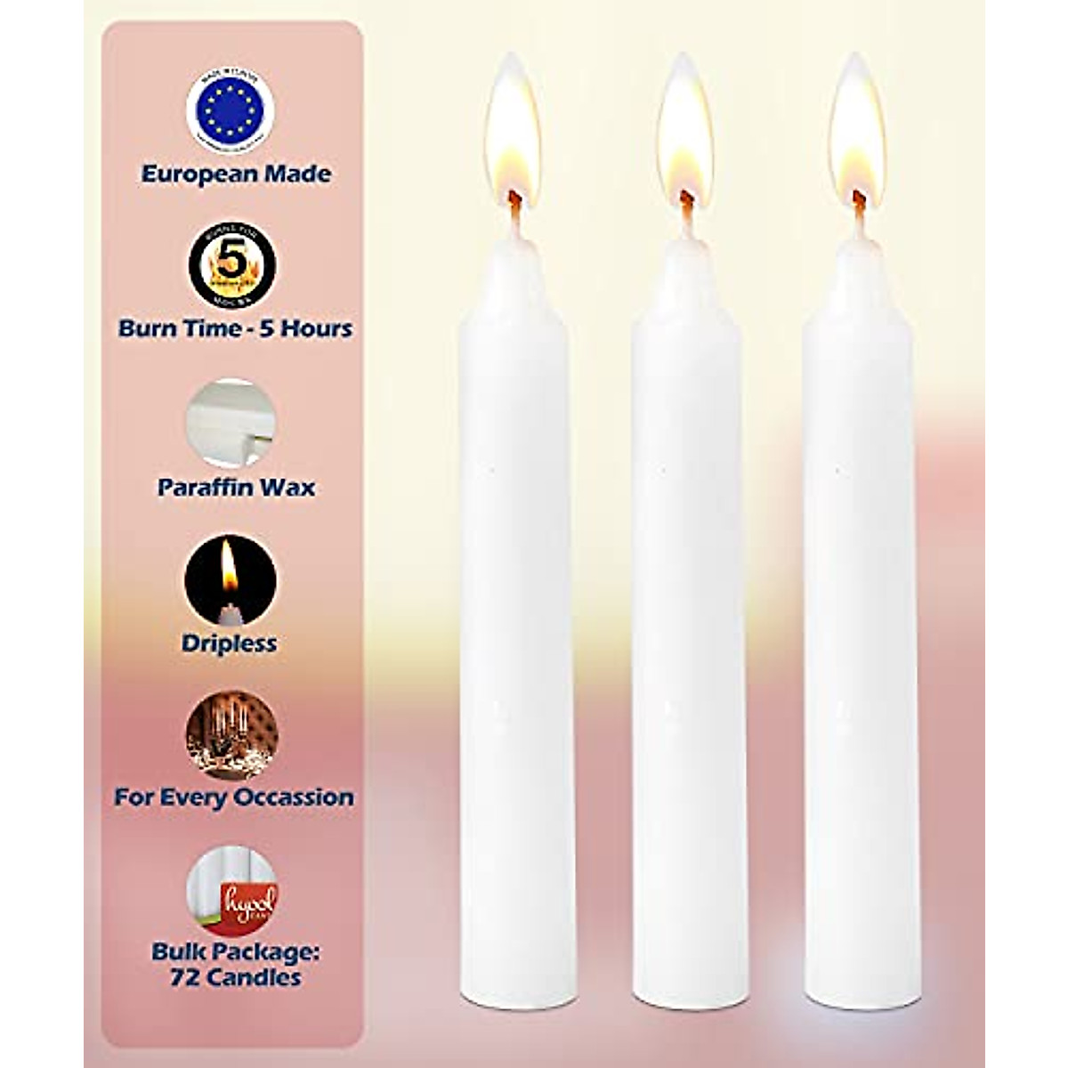 Hyoola White Candles - Short Candlesticks - 6 Inch Candle Sticks (15cm) - 5 Hour Burn Time (72 Pack), European Made