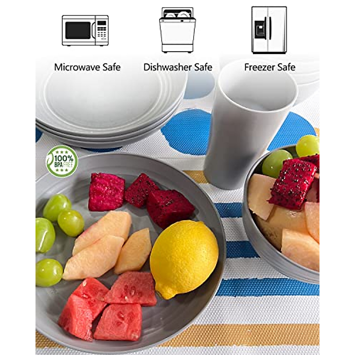 KITWILD Wheat Straw Dinnerware Sets, 12-Piece Lightweight Plastic Dinnerware Set with 8.9 Inch Unbreakable Plates, Bowl Set and Cup Set, BPA free, Dishwasher & Microwave Safe, Service for 4 - Grey