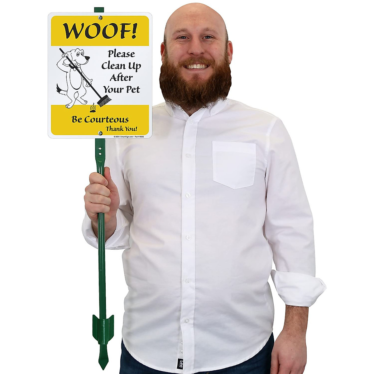 SmartSign 12" x 10" 'Woof Please Clean Up After Your Pet, Be Courteous, Thank You' Lawn Yard Sign with 3 ft Stake, 40 mil Laminated Aluminum, Yellow, Black and White, Set of 1, USA-Made