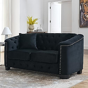 EMKK Modern Chesterfield Velvet Sofa 2-Seater Couches Upholstered Tufted Backrests with Nailhead Arms Loveseat and 2 Cushions for Living Room, Apartment, Office,Bedroom Mid Century, F-Black