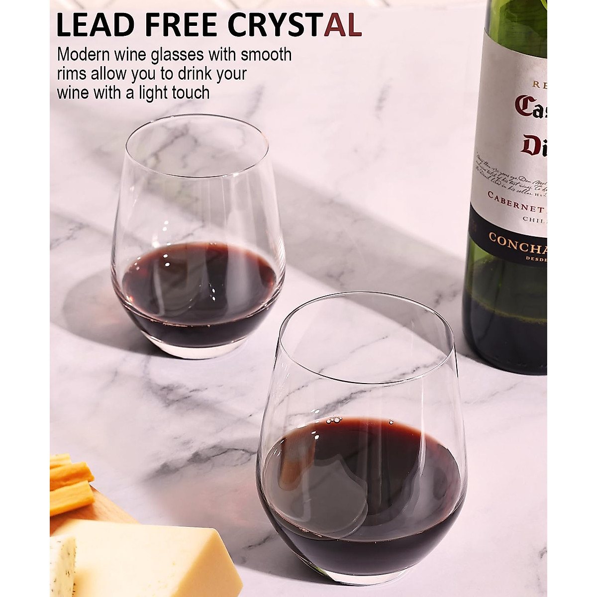 OJA Stemless Wine Glasses Set of 4, Premium Crystal Red White Wine Glasses, No Stem, Clear-15oz, Sturdy Drinking Glass for Daily Use, Birthday, Wedding, Home Party, Anniversary, Shower Gift