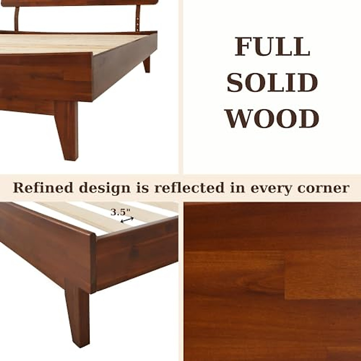 Bme Caden 15 Inch Deluxe Bed Frame with Adjustable Headboard - Mid Century, Retro Style with Acacia Wood - No Box Spring Needed - 12 Strong Wood Slat Support - Easy Assembly - Dark Chocolate, Queen