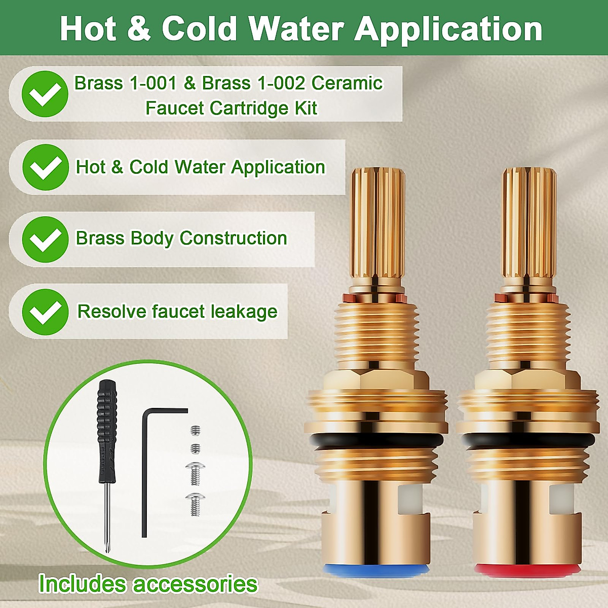 Brass 1-001 & Brass 1-002 Faucet Cartridge Set, Brass Hot & Cold Faucet Cartridge Replacement for Bathroom Basin Faucet, include Brass 1-001 and 1-002 Cartridge