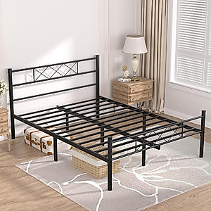 VECELO Full Size Bed Frame with Headboard, Heavy-Duty Platform/Mattress Foundation with Metal Slats Support, No Box Spring Needed/Easy Assembly, Matte Black