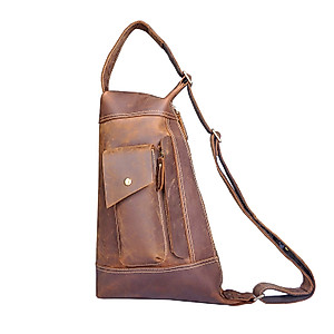 Le'aokuu Men Outdoor Large Travel Hiking Tea Cross-body Chest Sling Bag Rig One Shoulder Strap Bag Backpack Men Quality Leather 2329 (Brown)