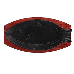 DOITOOL Small Cast Iron Skillet with Wooden Base, Creative Fish-Shaped Japanese Steak Plate Set for Restaurant Home Kitchen Cooking Pan Grilling Meats Seafood