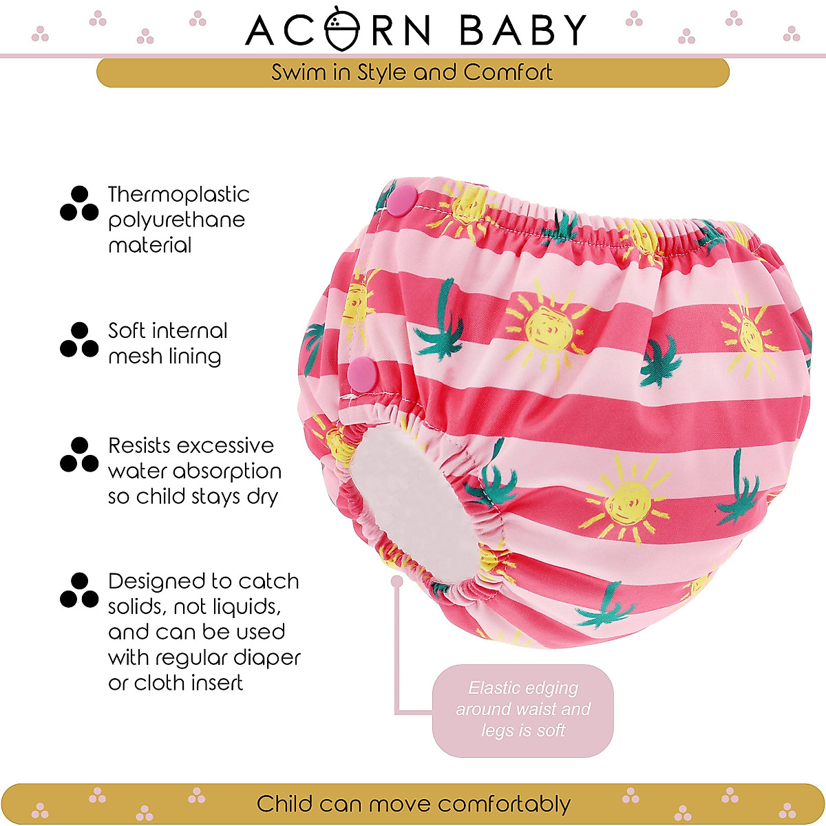 Acorn Baby Toddler Swim Diaper Size 5 and 6 Adjustable - Pink Palm Trees Swimmers Reusable Toddler Swimming Diaper