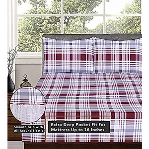 RUVANTI Flannel Sheets Full Size - 100% Cotton Brushed Bed Sheet Sets - Deep Pockets 16 Inches (fits up to 18") - All Seasons Breathable & Super Soft - Warm & Cozy - 4 Pcs - Balance Plaid Maroon