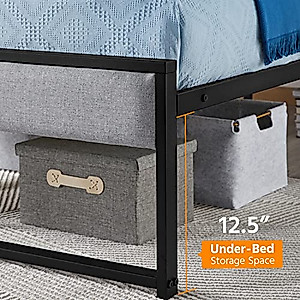 Yaheetech Metal Platform Bed Frame with Linen Upholstered Headboard and Footboard Mattress Foundation with Strong Steel Slats No Box Spring Needed Easy Assembly Gray Queen Size