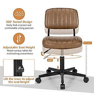 Giantex Leather Office Chair, Armless Low-Back Computer Desk Chair, Retro Swivel Rolling Task Chair Height Adjustable PU Leisure Office Chair for Kids Teens Adults (Brown)