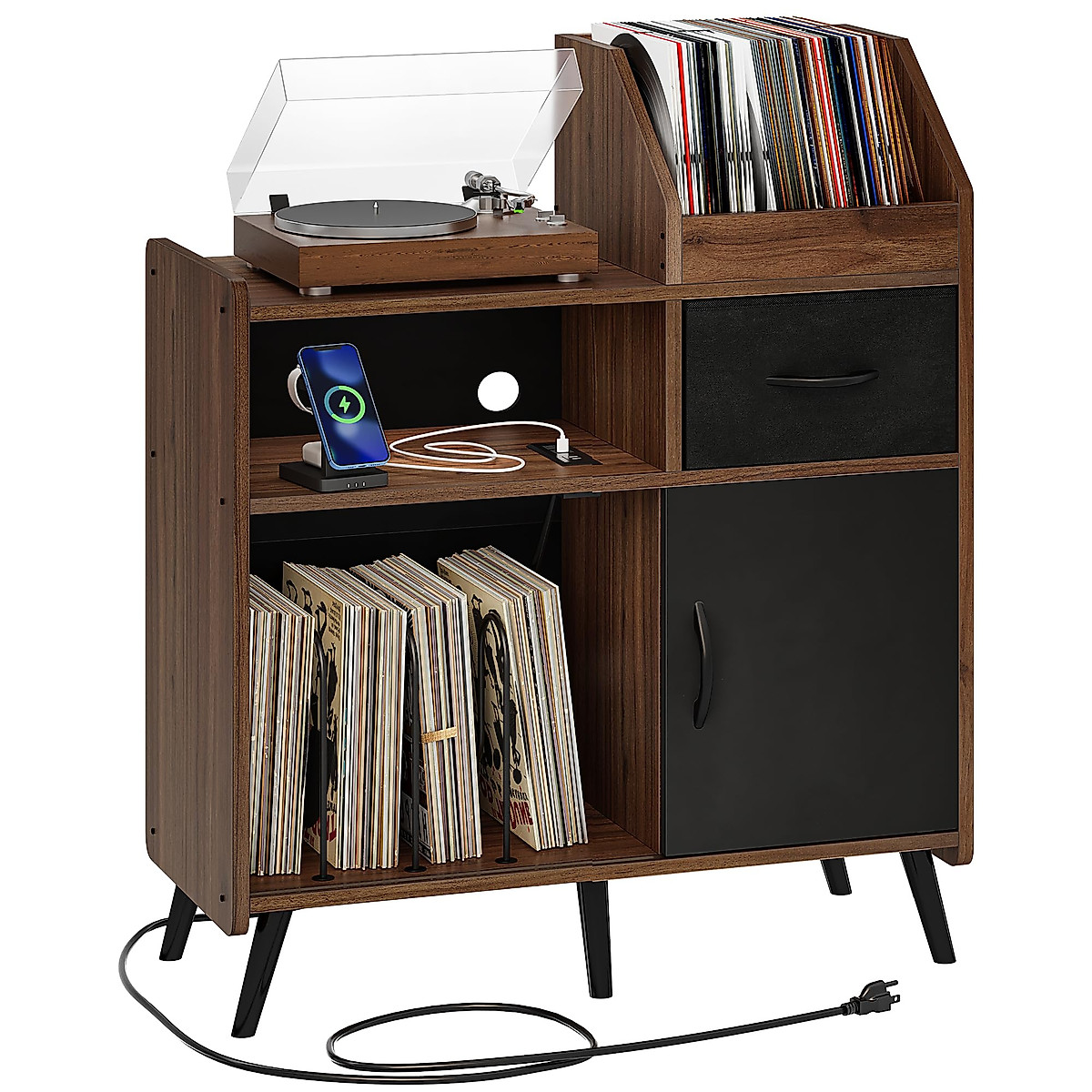 YITAHOME Record Player Stand with Storage, Wooden Turntable Stand with Sliding Door, Record Player Table with Charging Station & USB Ports for Living Room, Bedroom, Office