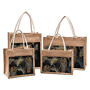 Tote Bag (Tiger in Jungle Print) Jute Cloth Fashion Women Girls Purses Handbags 4 Size