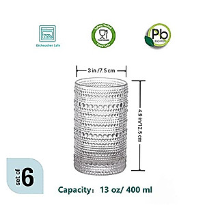 Bandesun Romantic Highball Glasses Set of 6, 12 oz Hobnail Glassware, Embossed Vintage Drinking Glasses for Beer, Cocktail, Soda, Beverage