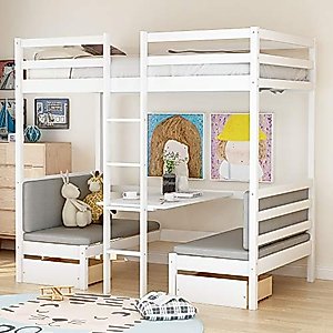 Twin Over Twin Bunk Beds Convertible Dorm Loft Bed and Down Desk for Teens, Boys or Girls, No Box Spring Needed White