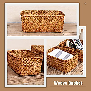 Seagrass Woven Basket, Small Storage Basket Rectangular Organizer Tray Decorative Shelf Basket Weave Sundries Container Desktop Basket for Makeup, Clothes, Toys, Stationery (M)