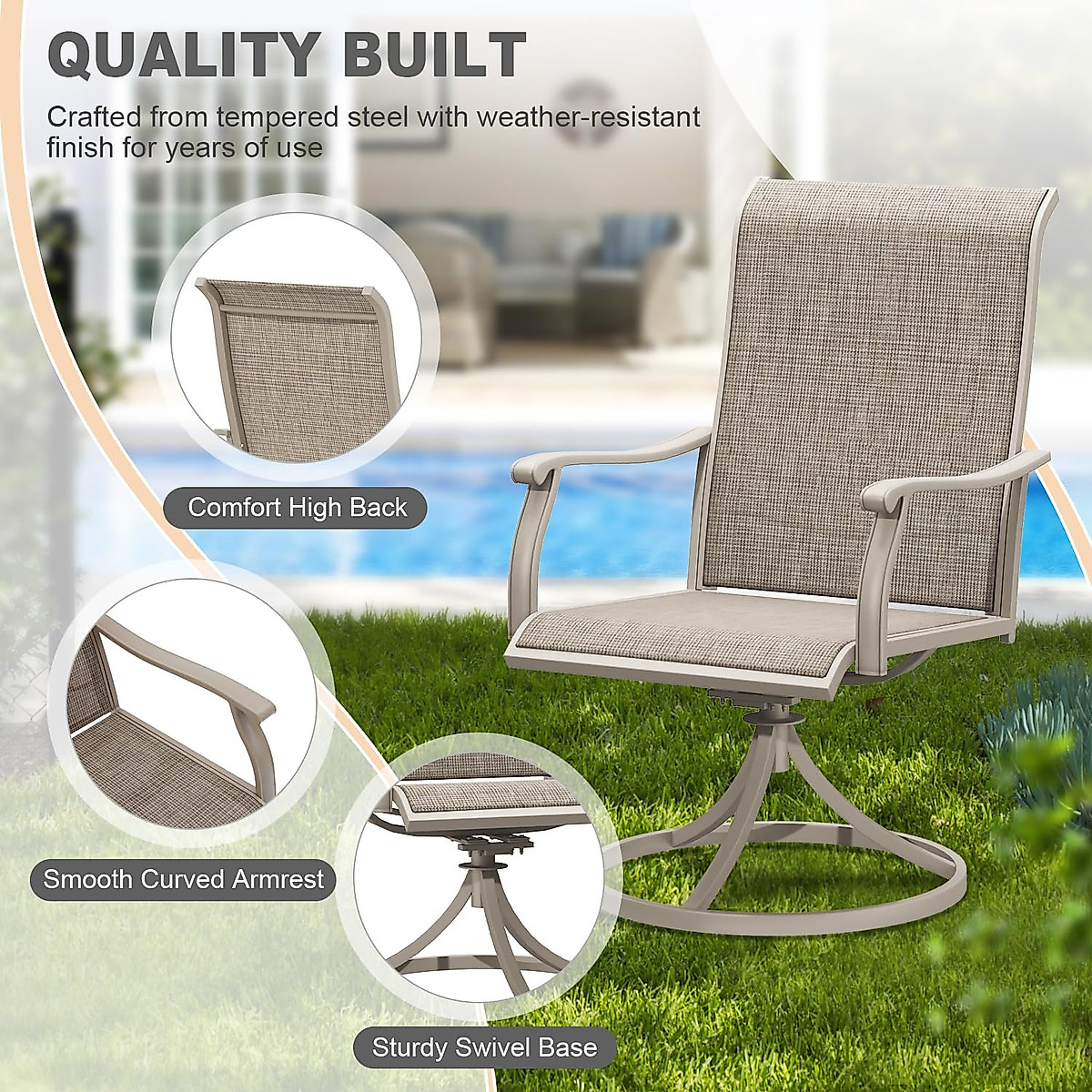 VICLLAX Patio Swivel Dining Chairs Outdoor Chairs with Armrest, Textilene Fabric Outdoor Patio Chair Set of 2, Sandshell Frame