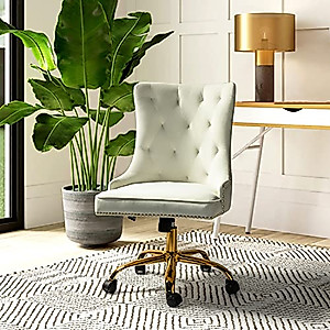 HULALA HOME Velvet Office Chair with Nailhead Trim & Gold Base, Modern Cute Tufted Desk Chair Swivel Adjustable, Upholstered Armless Computer Task Vanity Chair for Women, Ivory